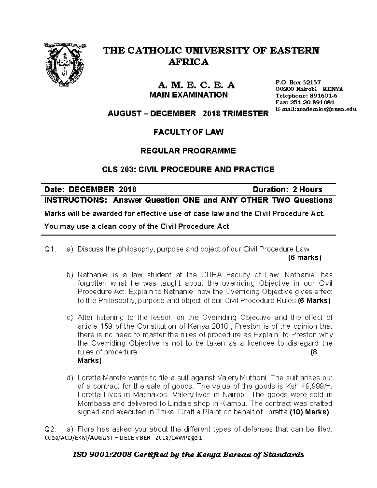 CLS 203 II - Questions - Cuea/ACD/EXM/AUGUST – DECEMBER 2018/LAWPage 1 ...