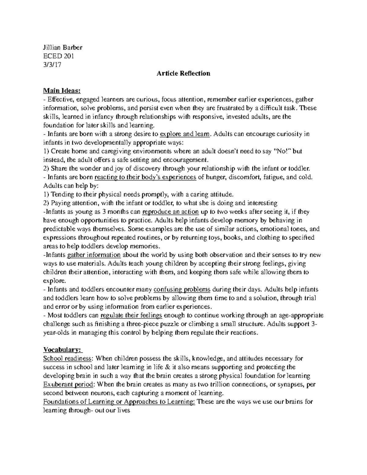 Article Reflections - reflection - J i l l i a nBa r be r ECED201 3/ 3 ...