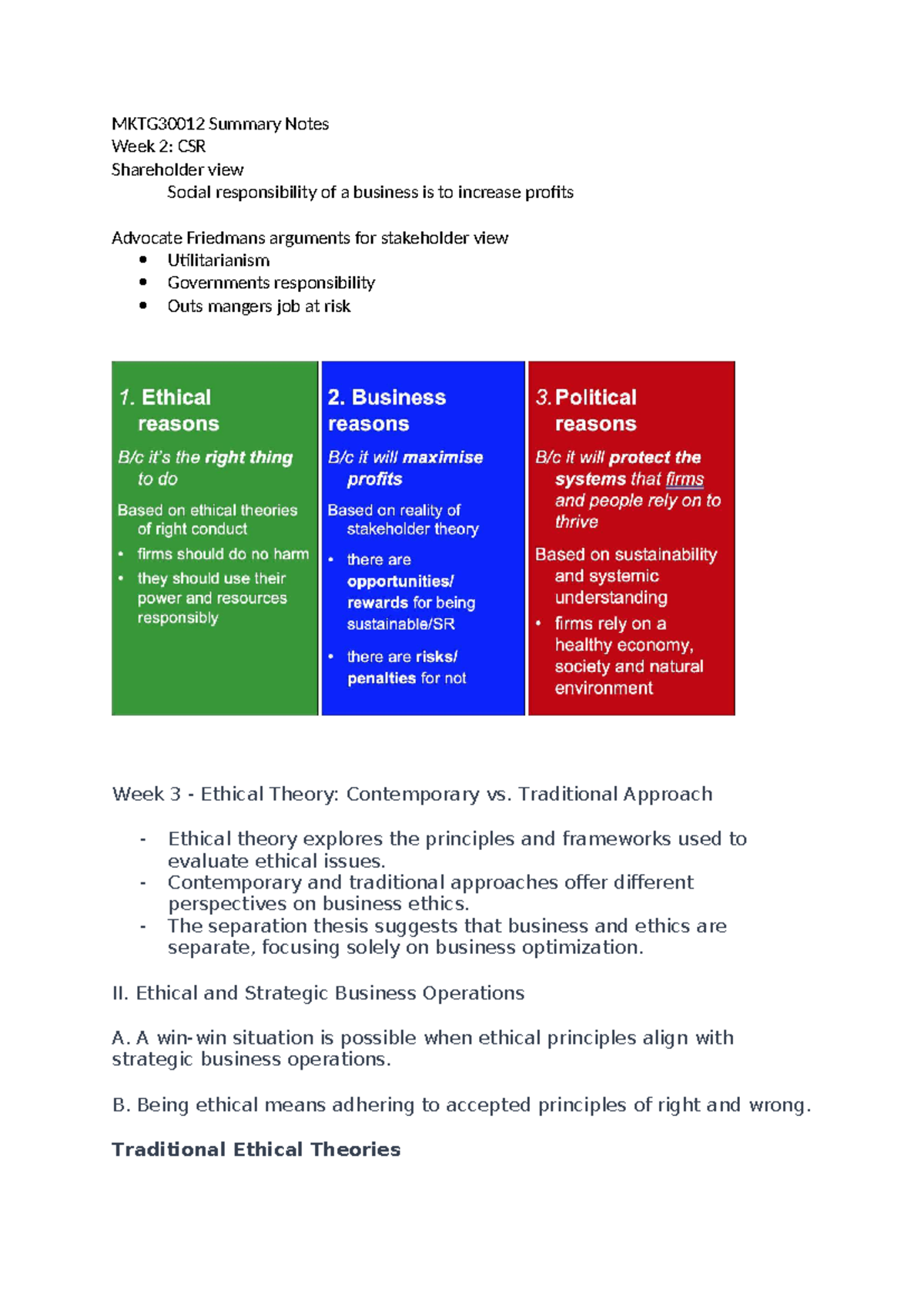 MKTG30012 Summary Notes - Traditional Approach - Ethical theory ...