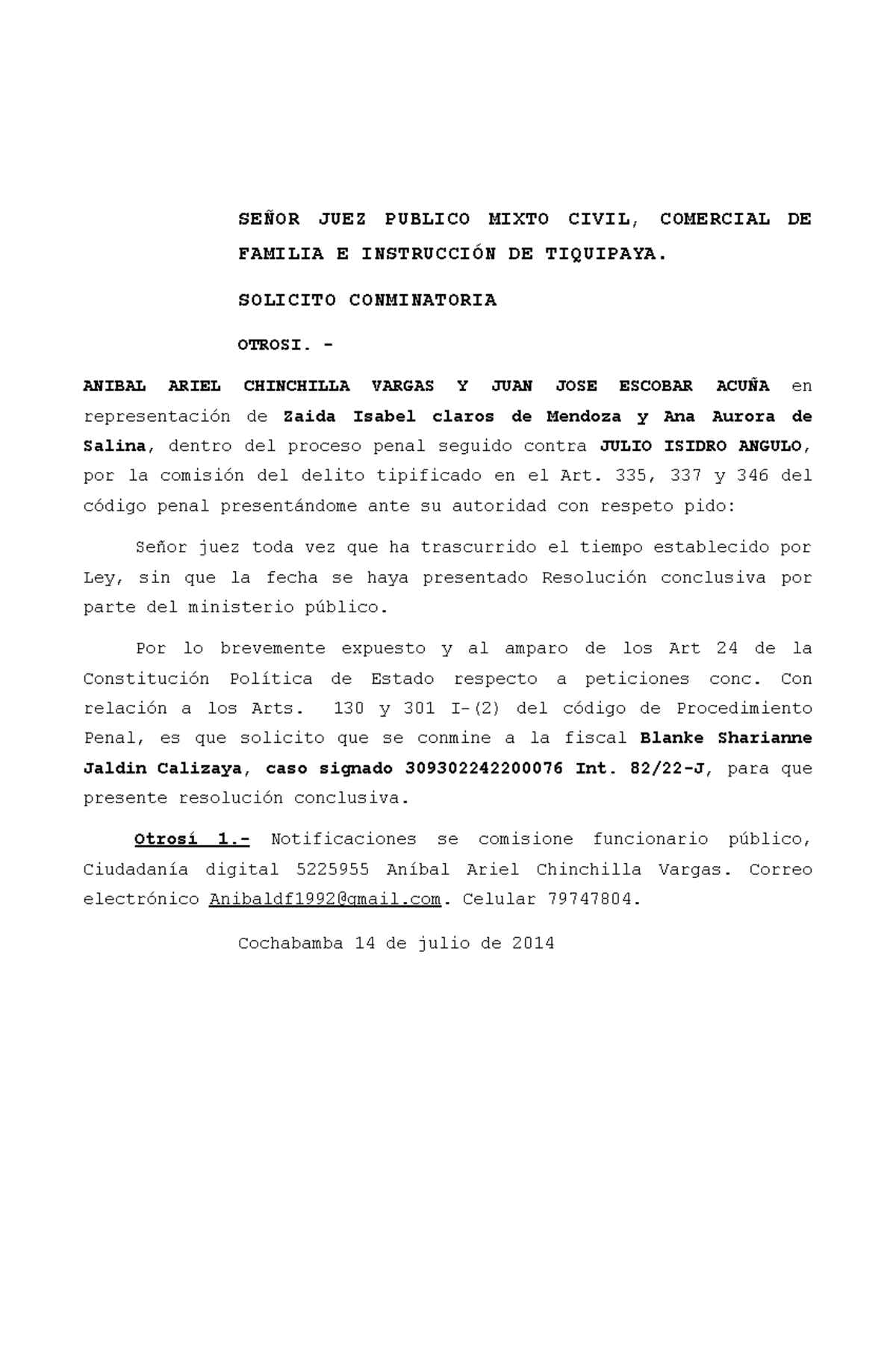 Cominatoria Tiquipaya - SEÑOR JUEZ PUBLICO MIXTO CIVIL, COMERCIAL DE ...