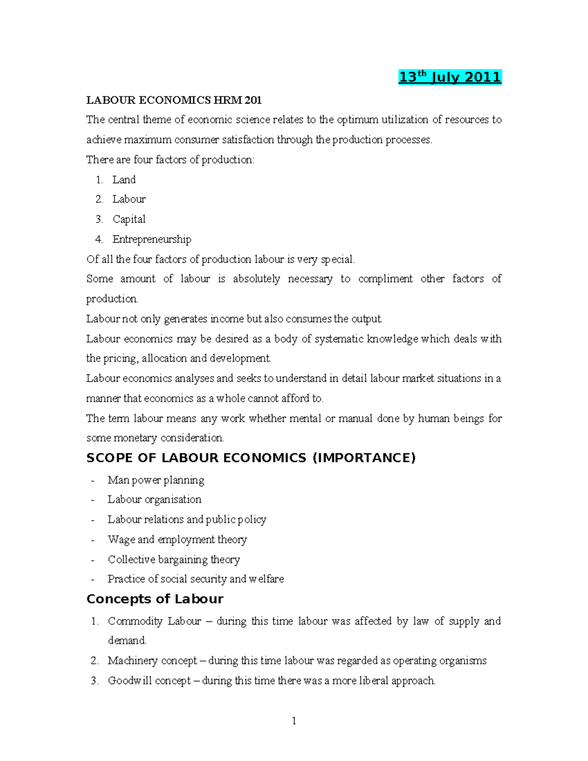 74623617 Labour Economics Notes HRM 201 - 13 th July 2011 LABOUR ...
