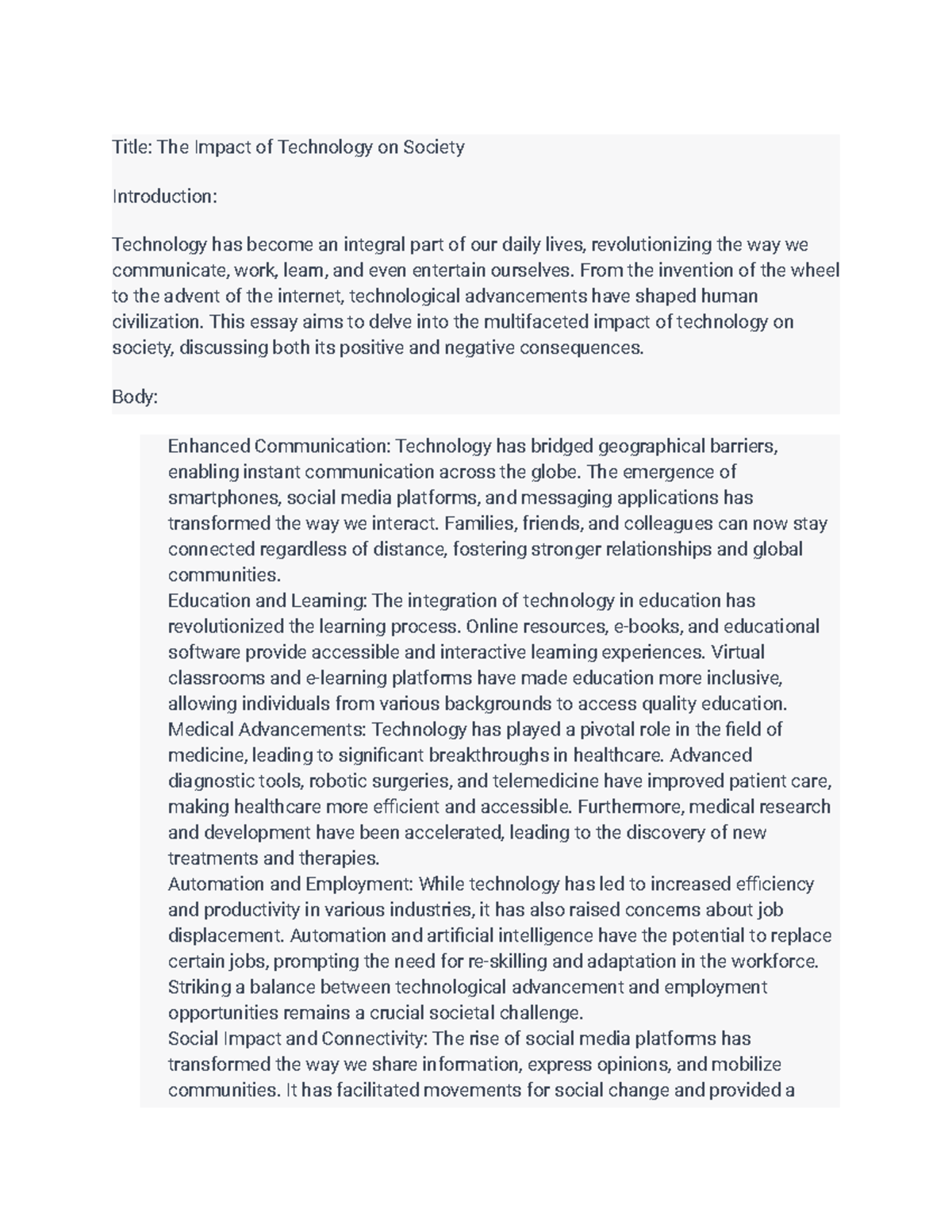 The Impact of Technology on Society - Title: The Impact of Technology ...