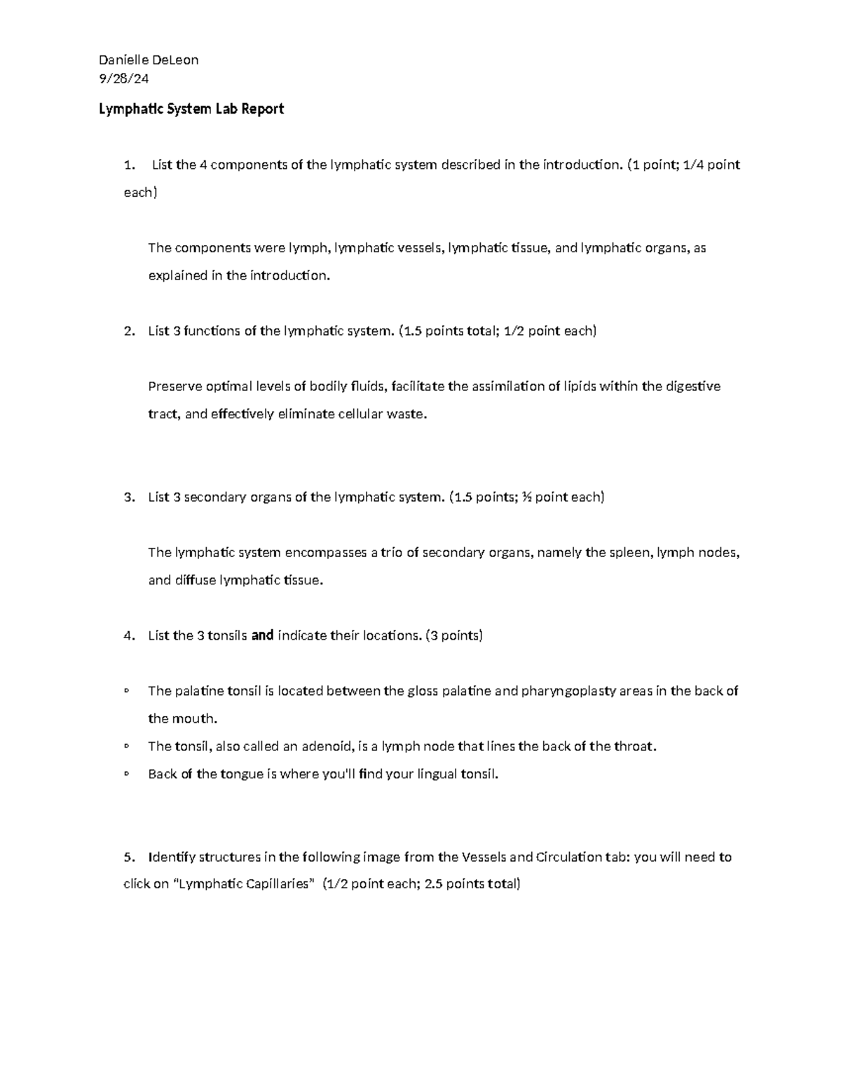 Lab week 4 - lab report - Danielle DeLeon 9/28/ Lymphatic System Lab ...