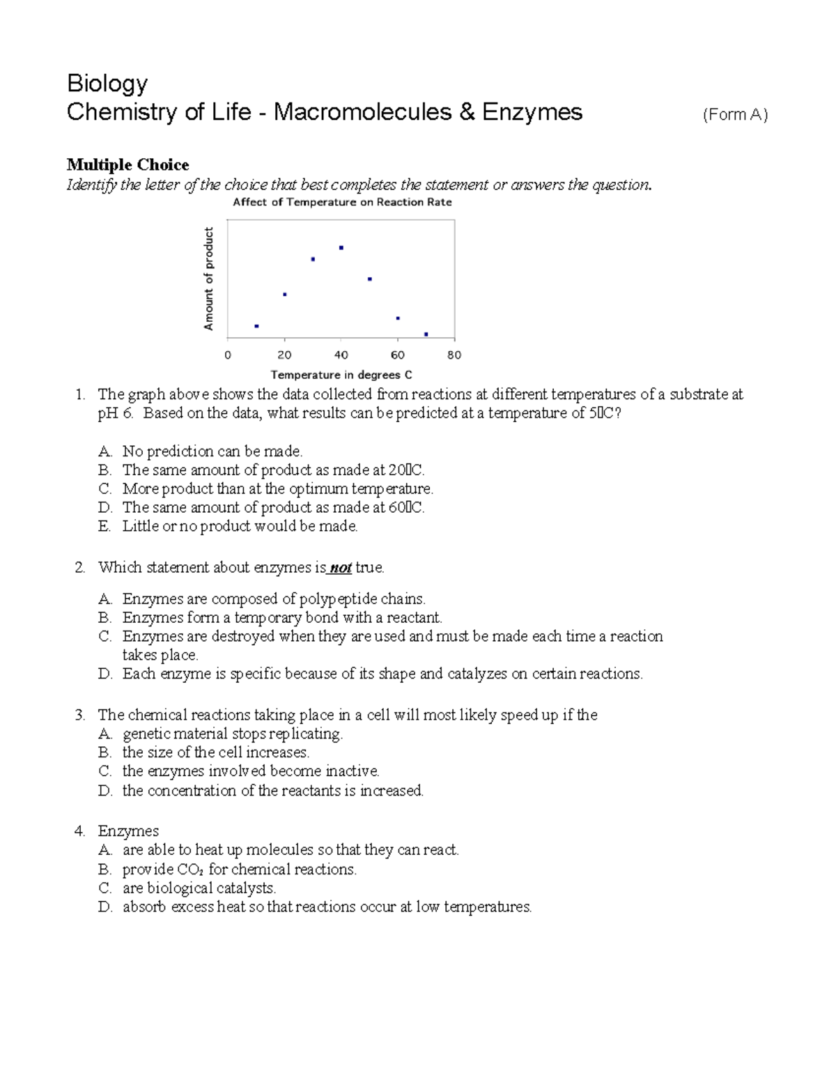 Chemistry of life practice questions - Biology Chemistry of Life ...