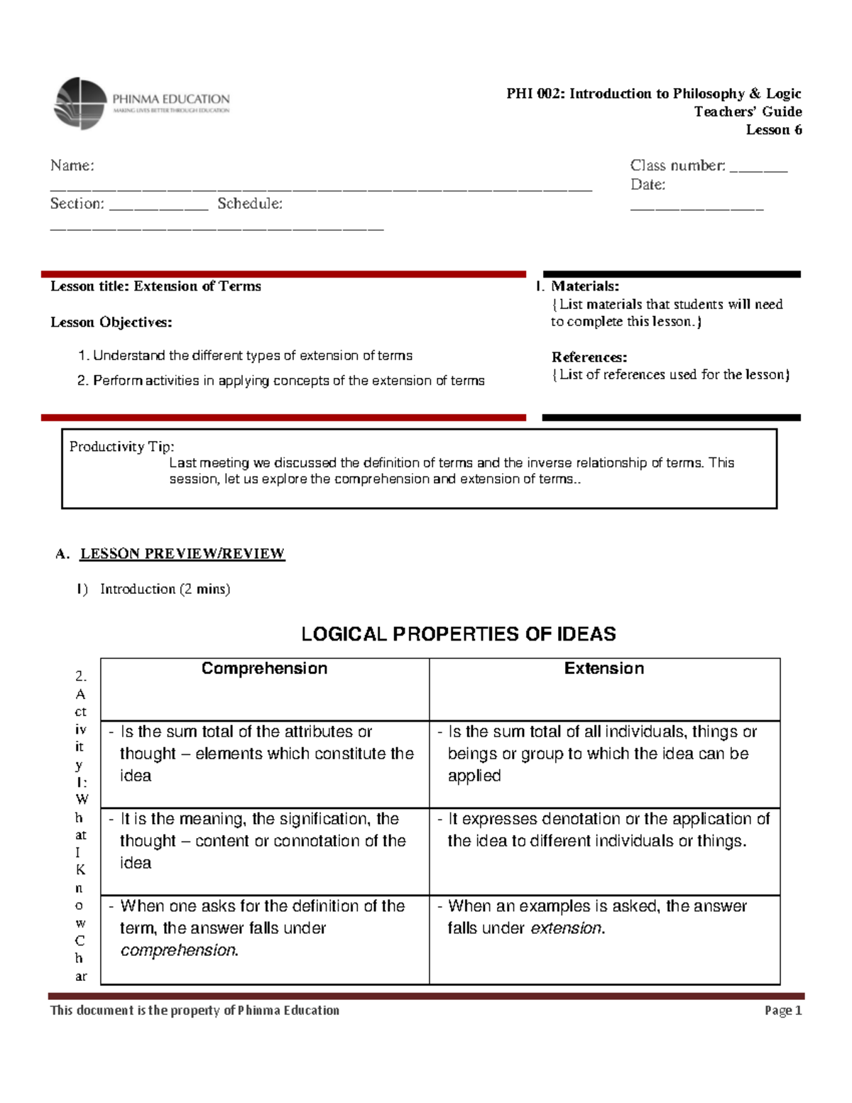 Day 8 - Lesson 6 Logic - NOTES - Teachers’ Guide Lesson 6 Name: - Studocu