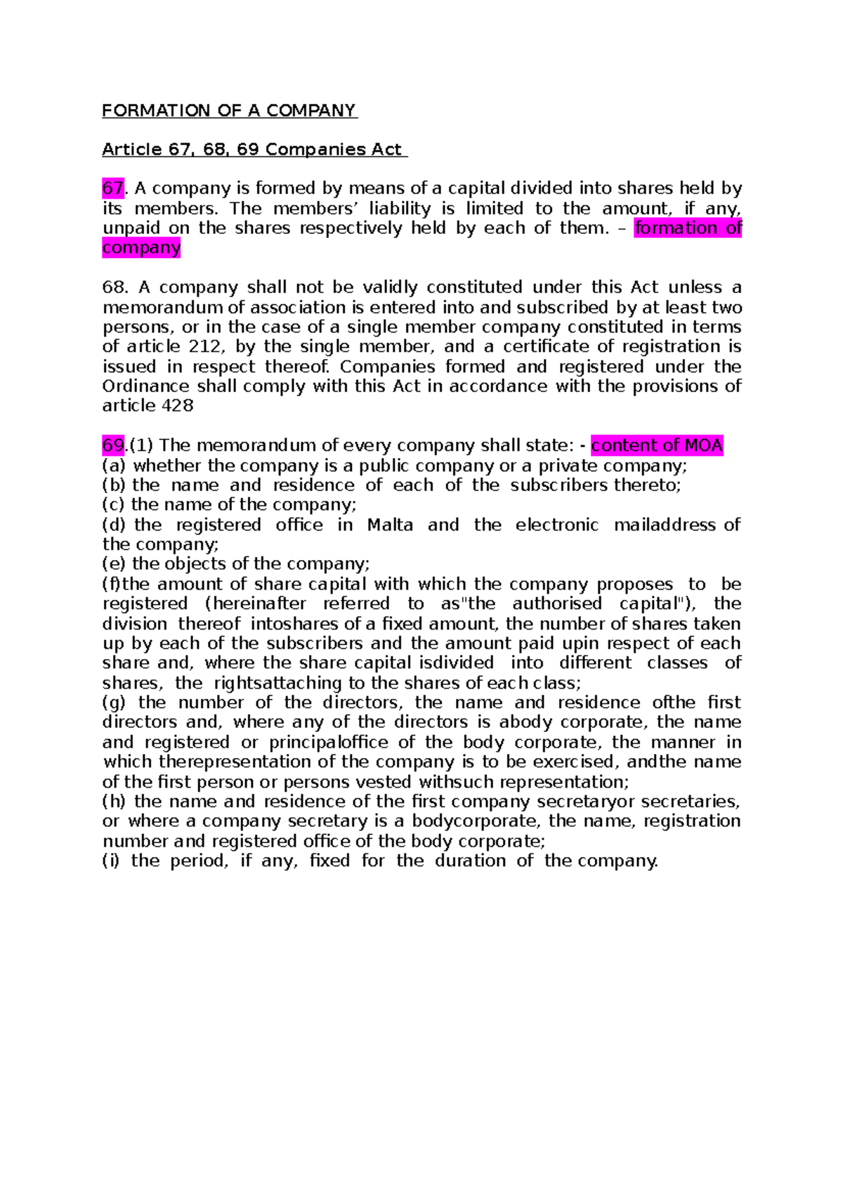 Company formation - FORMATION OF A COMPANY Article 67, 68, 69 Companies ...
