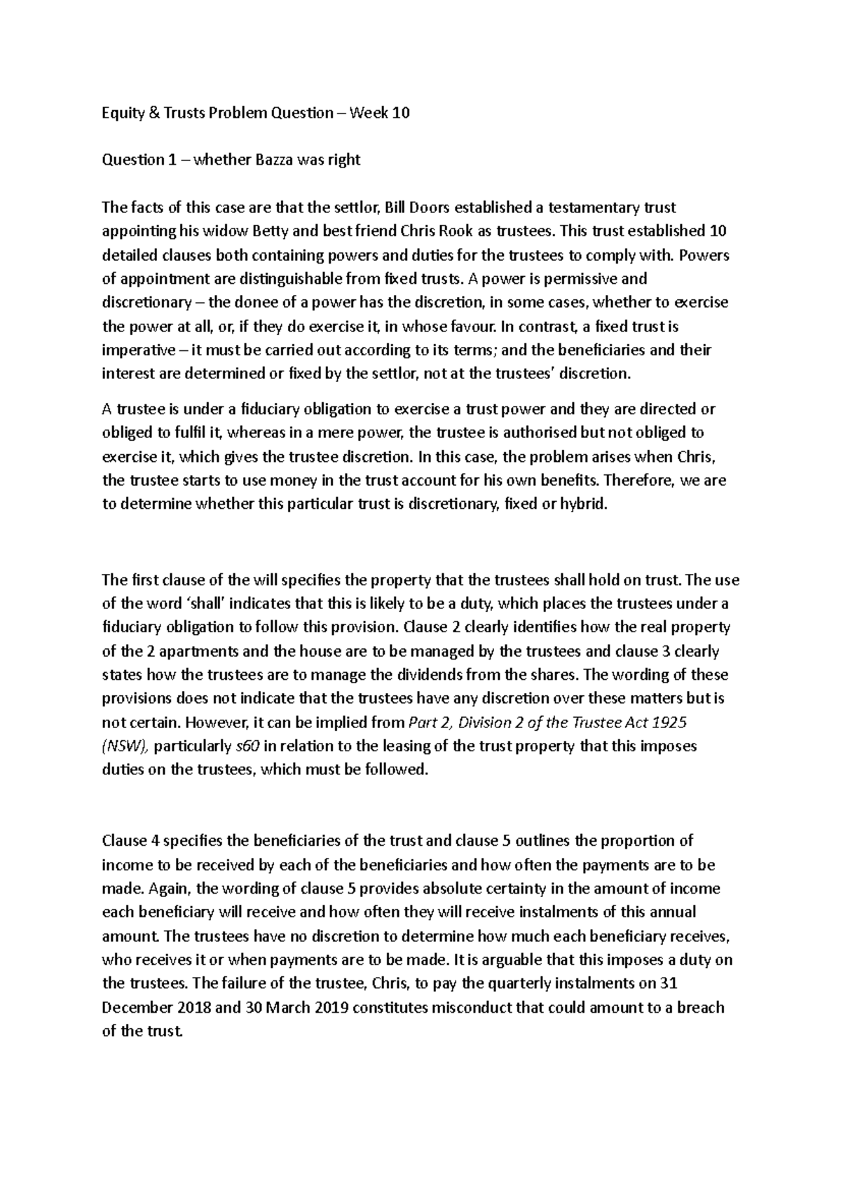 Week 10 - week 10 practical question answer - Equity & Trusts Problem ...