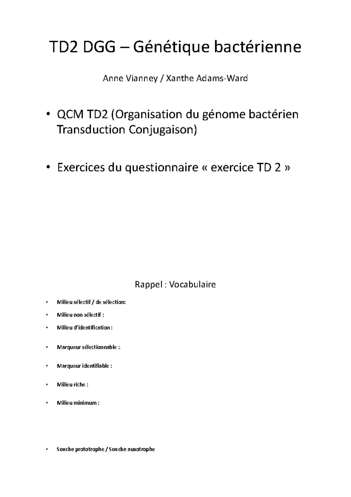 TD 2-2022 - Correction TD2 - TD2 DGG – Génétique bactérienne Anne Vianney / Xanthe Adams-Ward ...