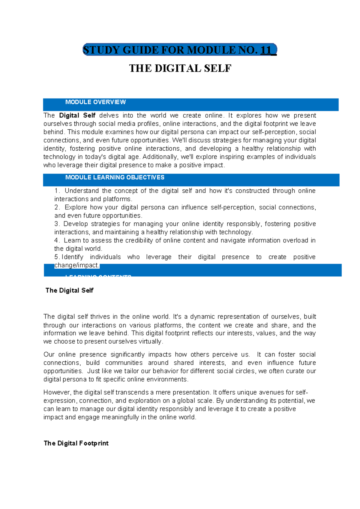 Digital Self-final - STUDY GUIDE FOR MODULE NO. 11 _ THE DIGITAL SELF ...