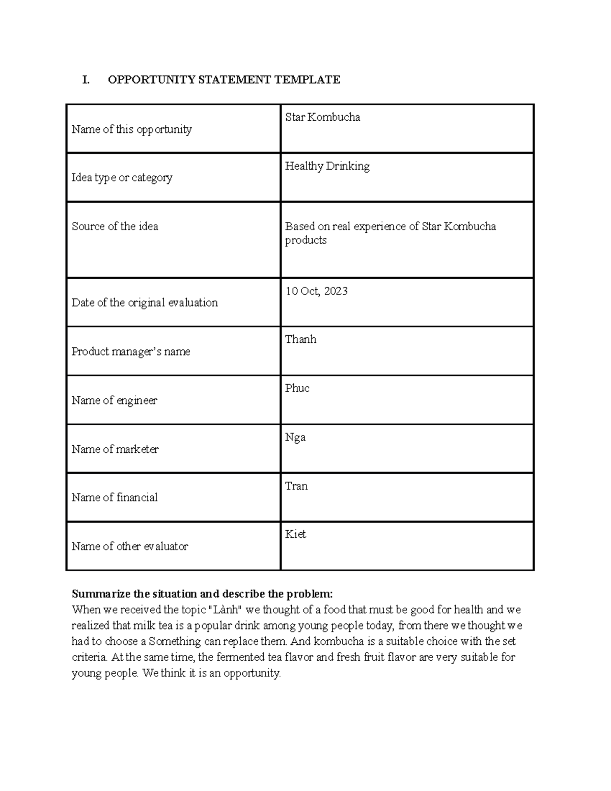 Ninhthuan 231007 Opportunity Statement Template - I. OPPORTUNITY ...