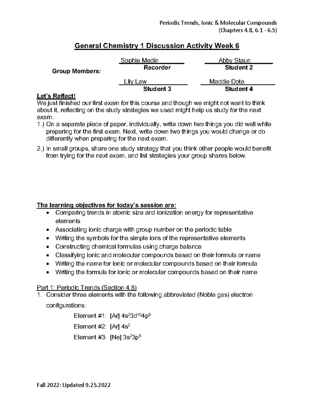 Discussion worksheet6 - (Chapters 4, 6 - 6) General Chemistry 1 ...