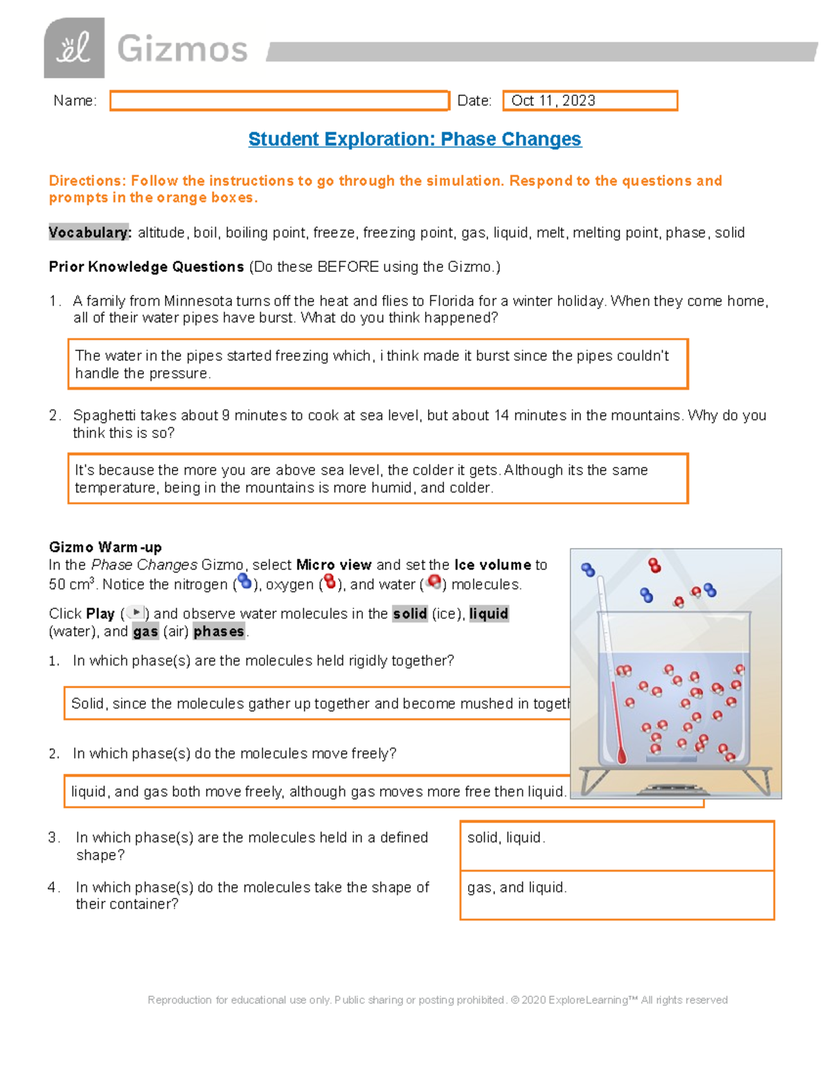 Gizmo Phase Changes - Name: Date: Oct 11, 2023 Student Exploration ...