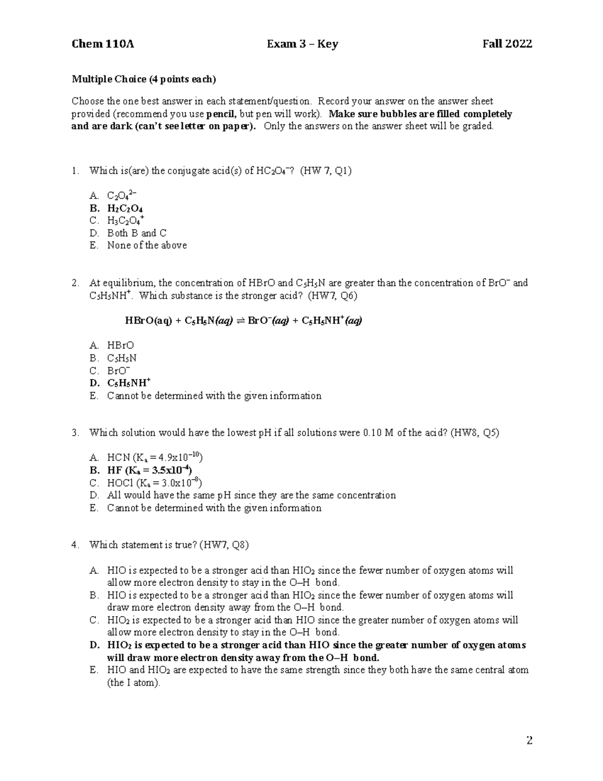 Exam3 110 Fa22 Key - exam - Multiple Choice (4 points each) Choose the one best answer in each ...