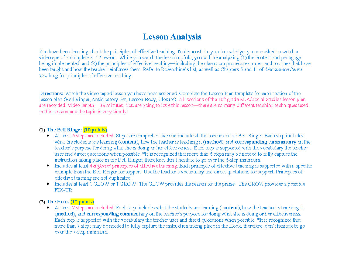 Lesson Analysis.You do. Grade 10.ELA.10 - Lesson Analysis You have been ...