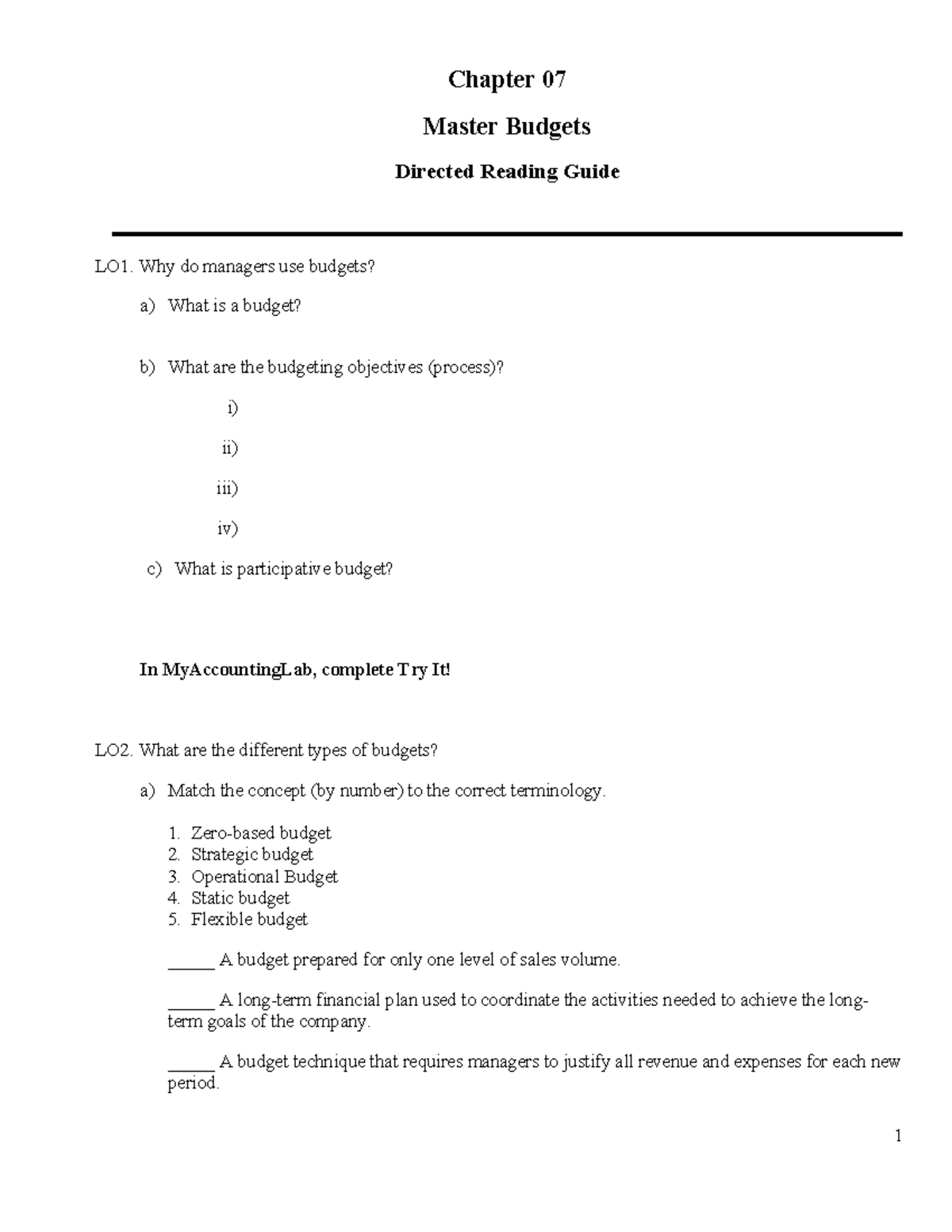 Directed Reading Ch 07 - Chapter 7 Notes - Chapter 07 Master Budgets ...