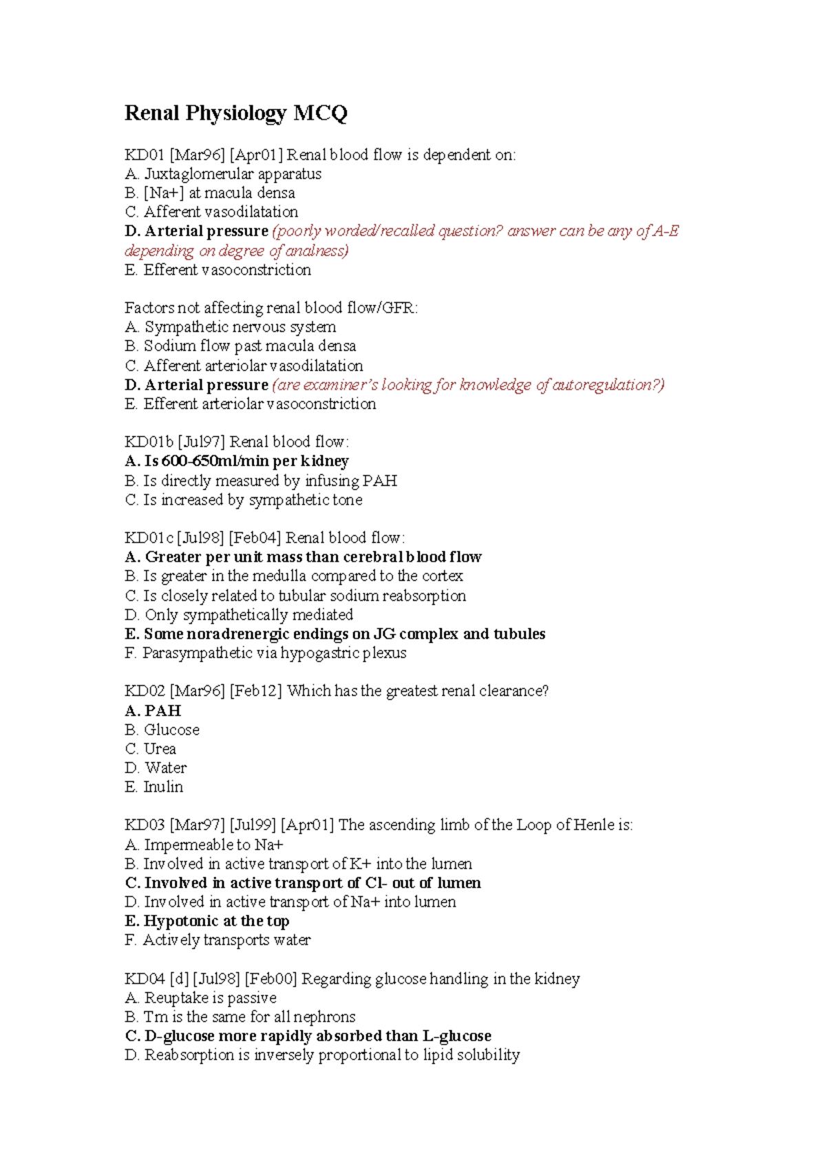Mcq-renal-phys1 - Practice MCQ - Renal Physiology MCQ KD01 [Mar96 ...