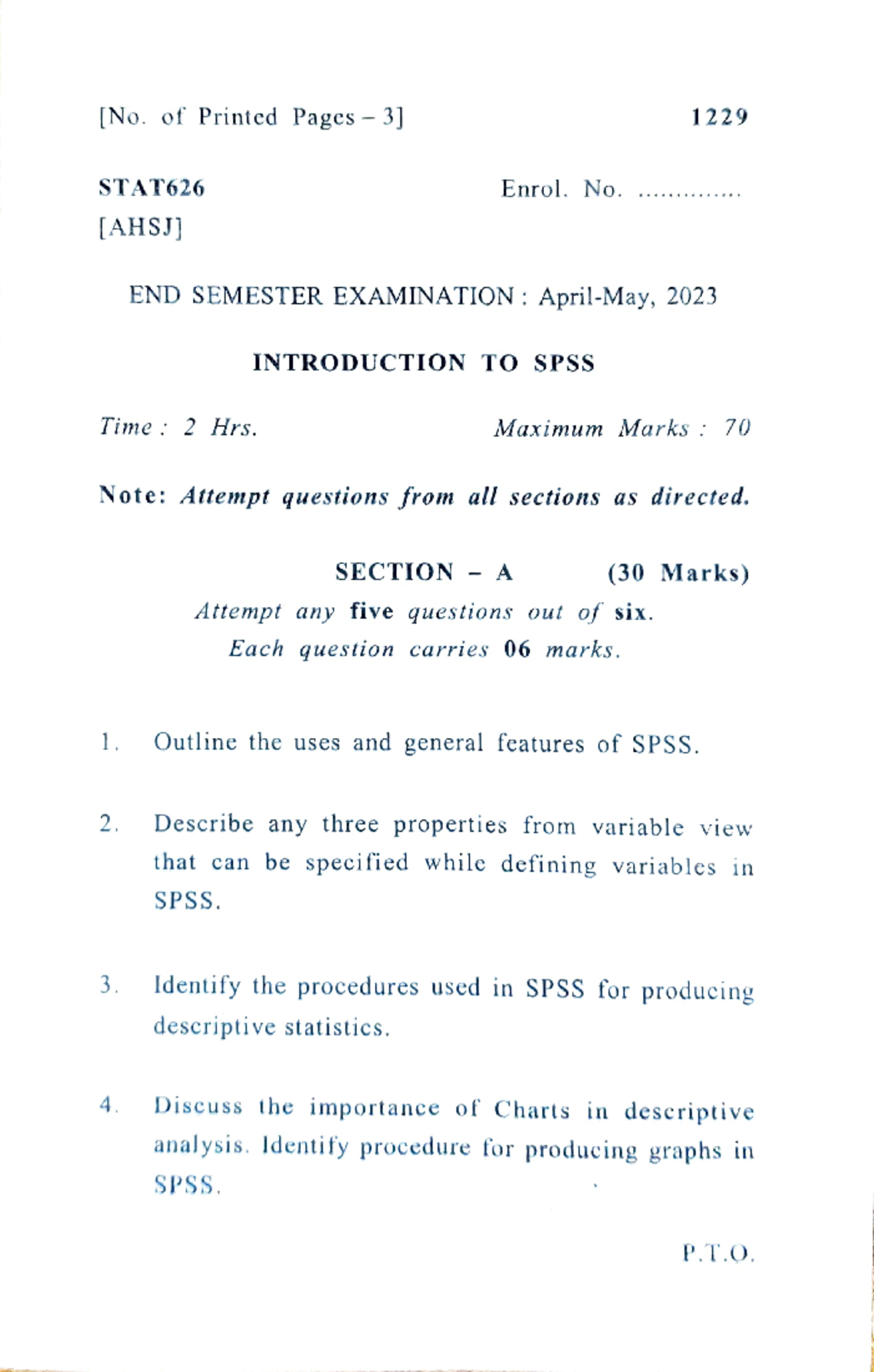 Question paper spss - No any - ####### [No. of Printed Pages - 3] STAT ...