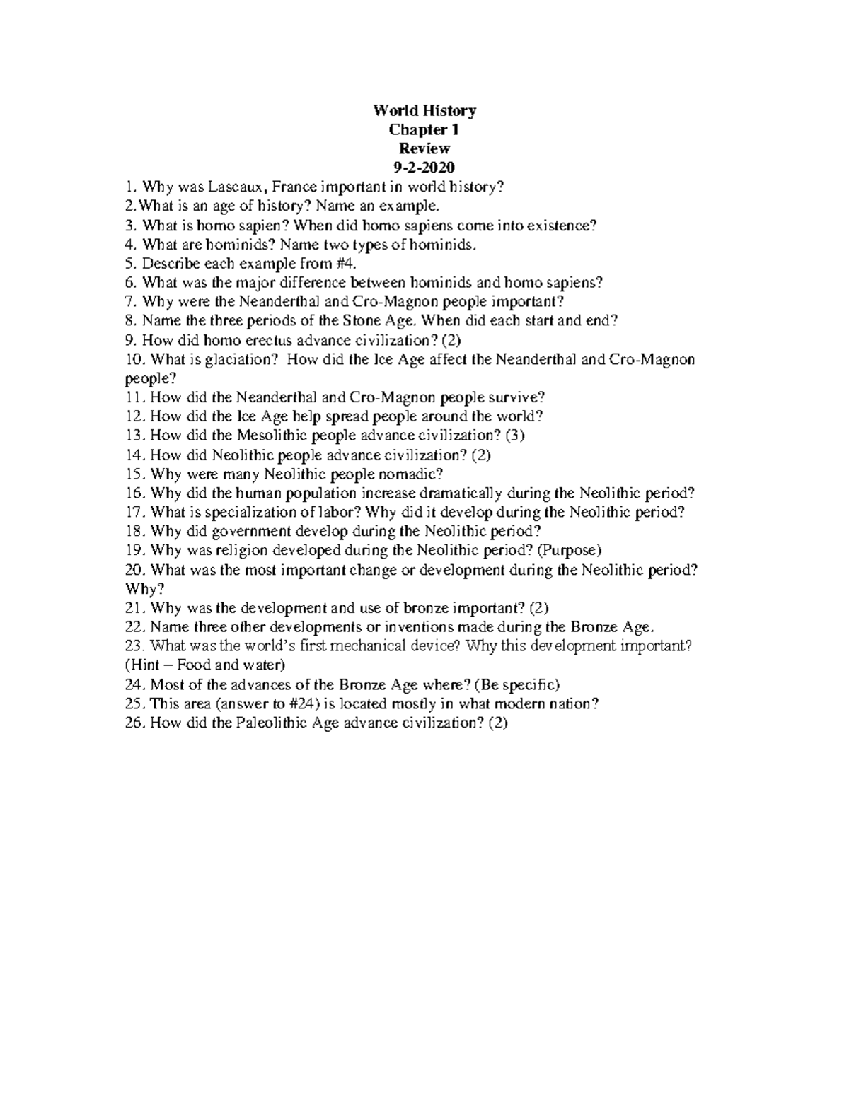 World History ch 1 review 2020 - World History Chapter 1 Review 9-2 ...