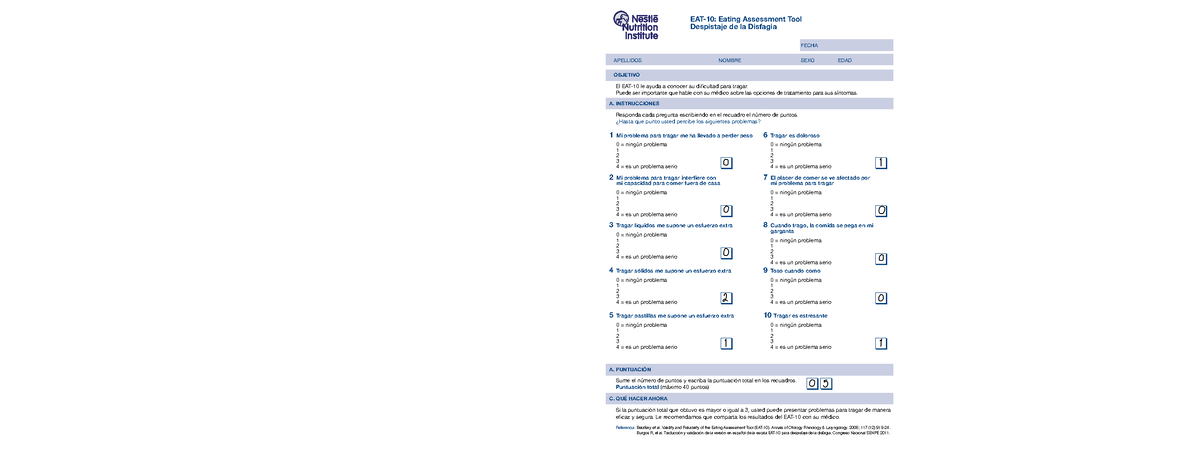 EAT-10 Eating Assessment Tool (Prueba de disfagia) - •Validada •Fiable ...