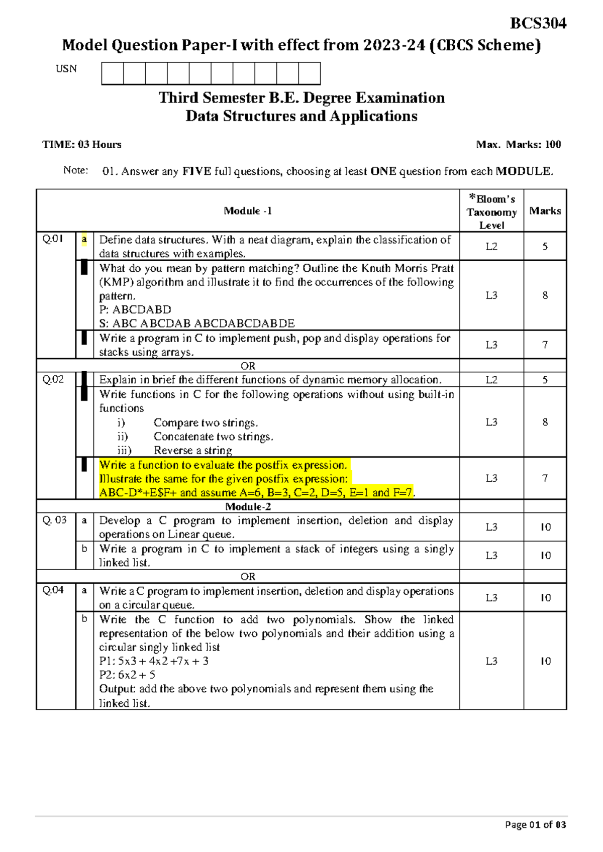 DSA 240404 22005 2 - BCS Page 0 1 of 0 3 Model Question Paper-I with ...