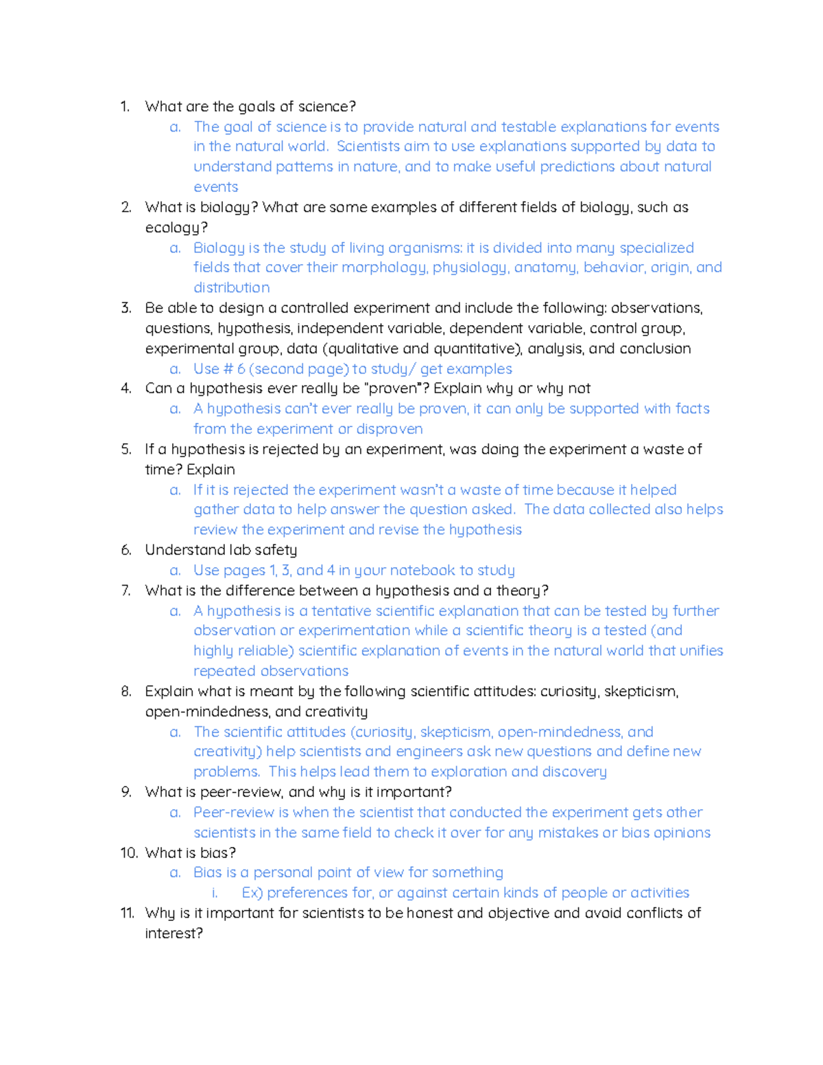 Honors bio chapter 1 study guide - What are the goals of science? a ...