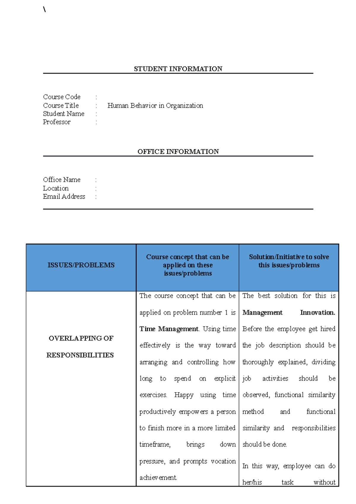 Organization (Issues and problems) - STUDENT INFORMATION Course Code ...