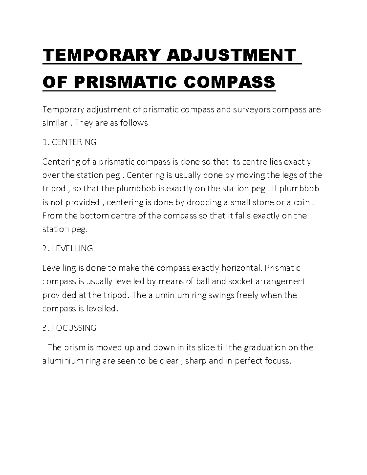 Prismatic compass - surveying - TEMPORARY ADJUSTMENT OF PRISMATIC ...
