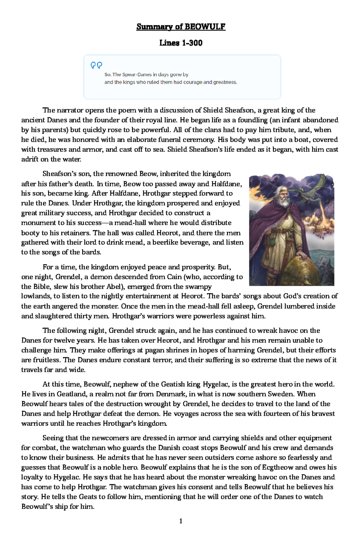 Beowulf Complete Summary - Summary of BEOWULF Lines 1- 300 The narrator ...
