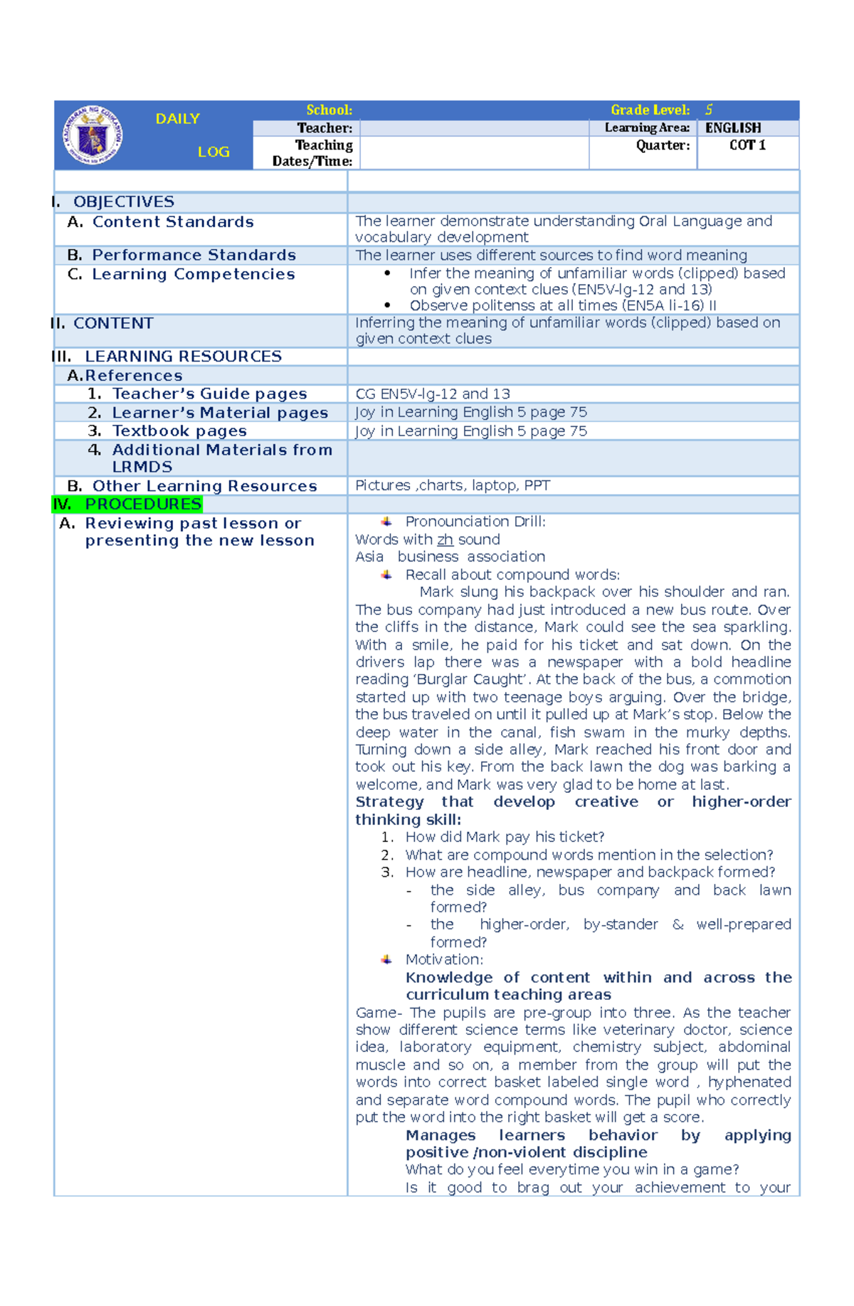 English 5-COT - Use for Classroom Observation - DAILY LESSON LOG School ...