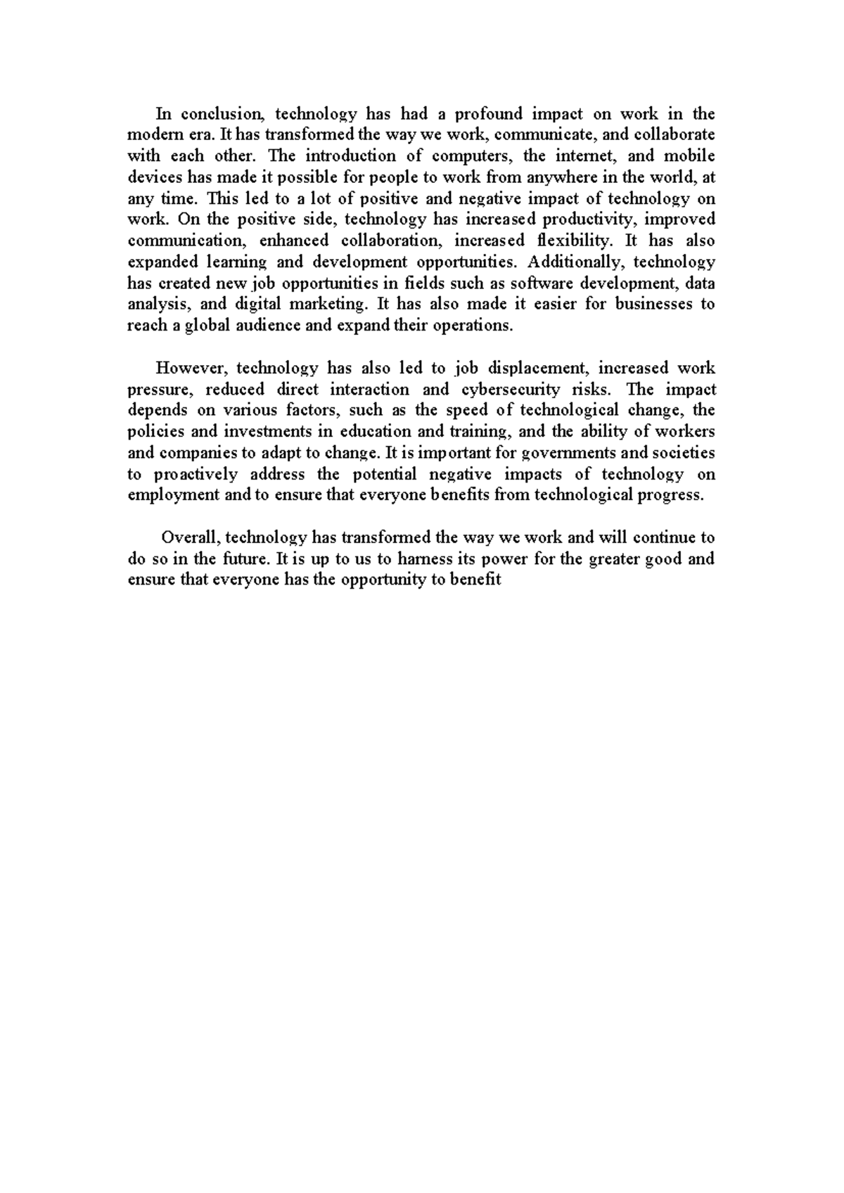 Conclusion - work and impact of technology - In conclusion, technology ...