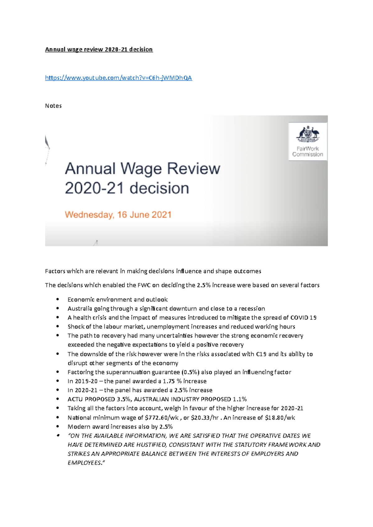 Annual wage review 2020 - BUSM1080 - RMIT University - Studocu