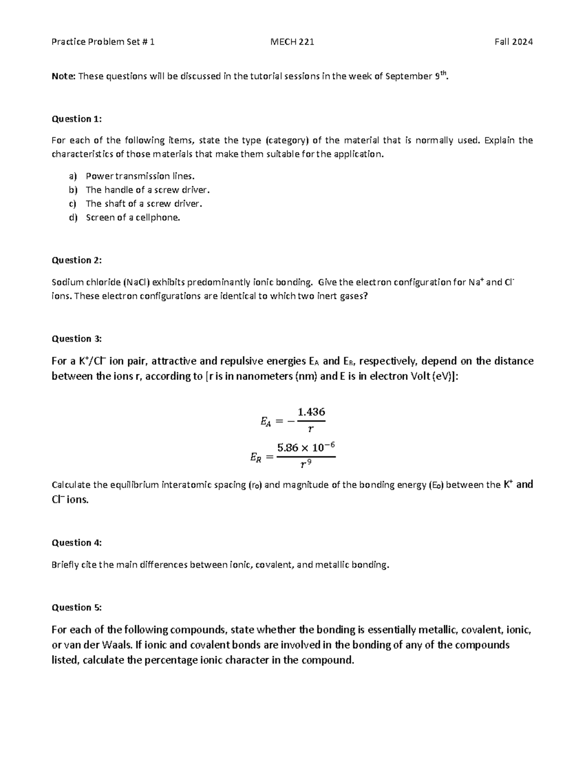 Practice Problems Miae 221 Practice Problem Set 1 Mech 221 Fall 2024 Note These Questions
