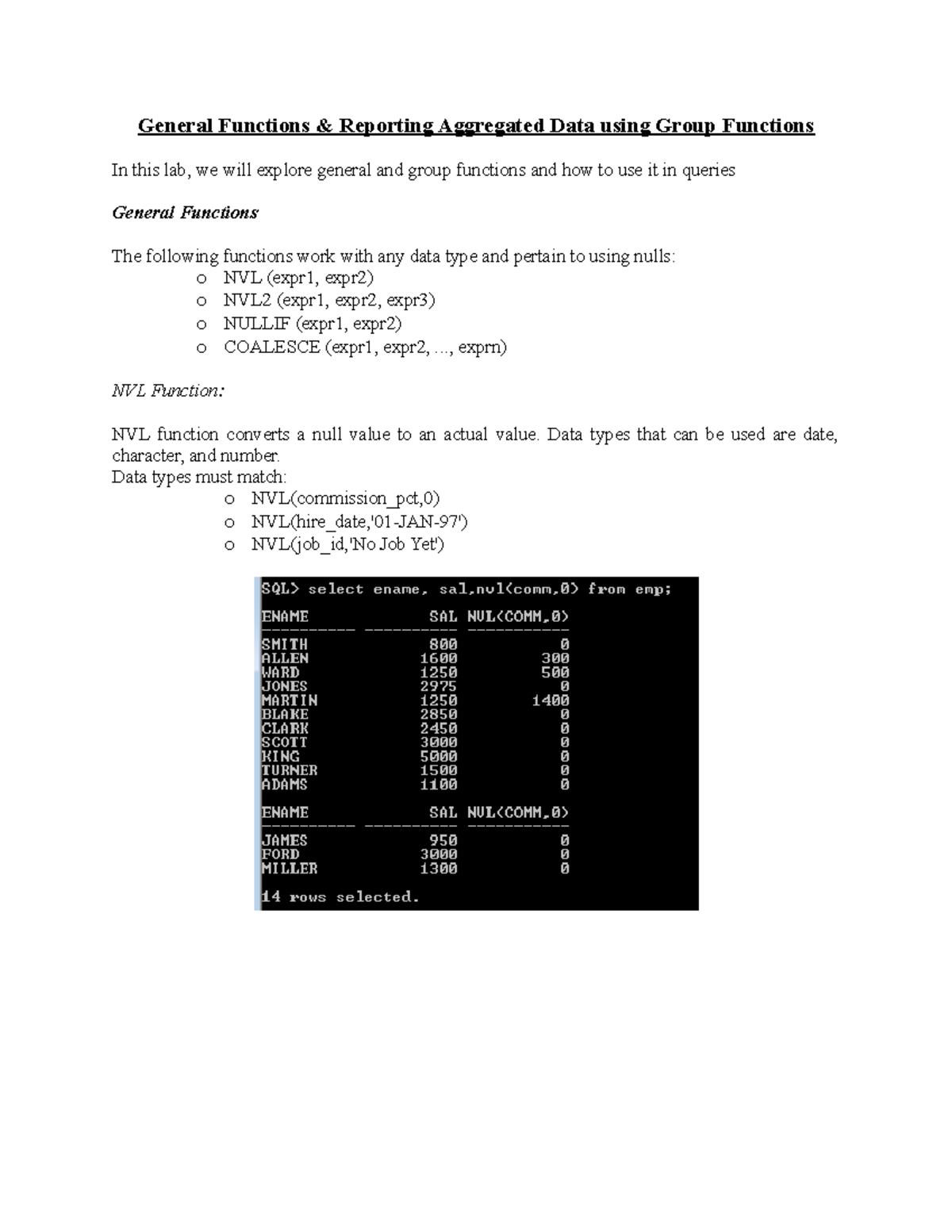 General Functions Lab 6 - General Functions & Reporting Aggregated Data using Group Functions In ...