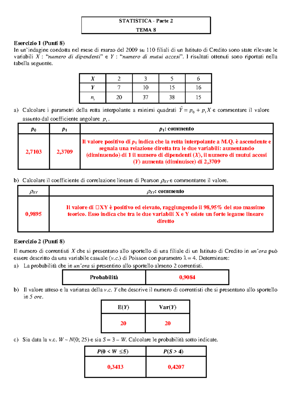 Tema 8 - Esercitazione - STATISTICA - Parte 2 TEMA 8 Esercizio 1 (Punti ...