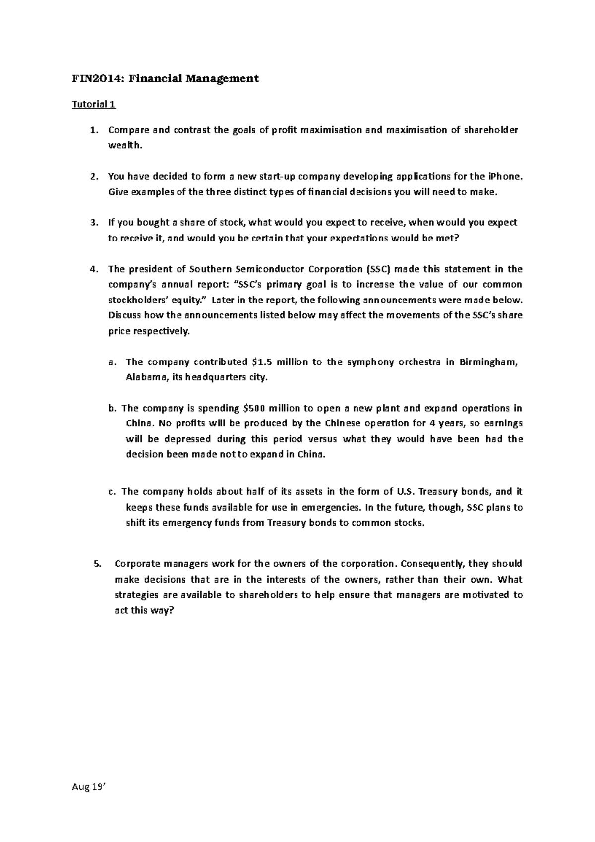 Tutorial 1-Qs(12) - Financial Management - FIN2014: Financial ...