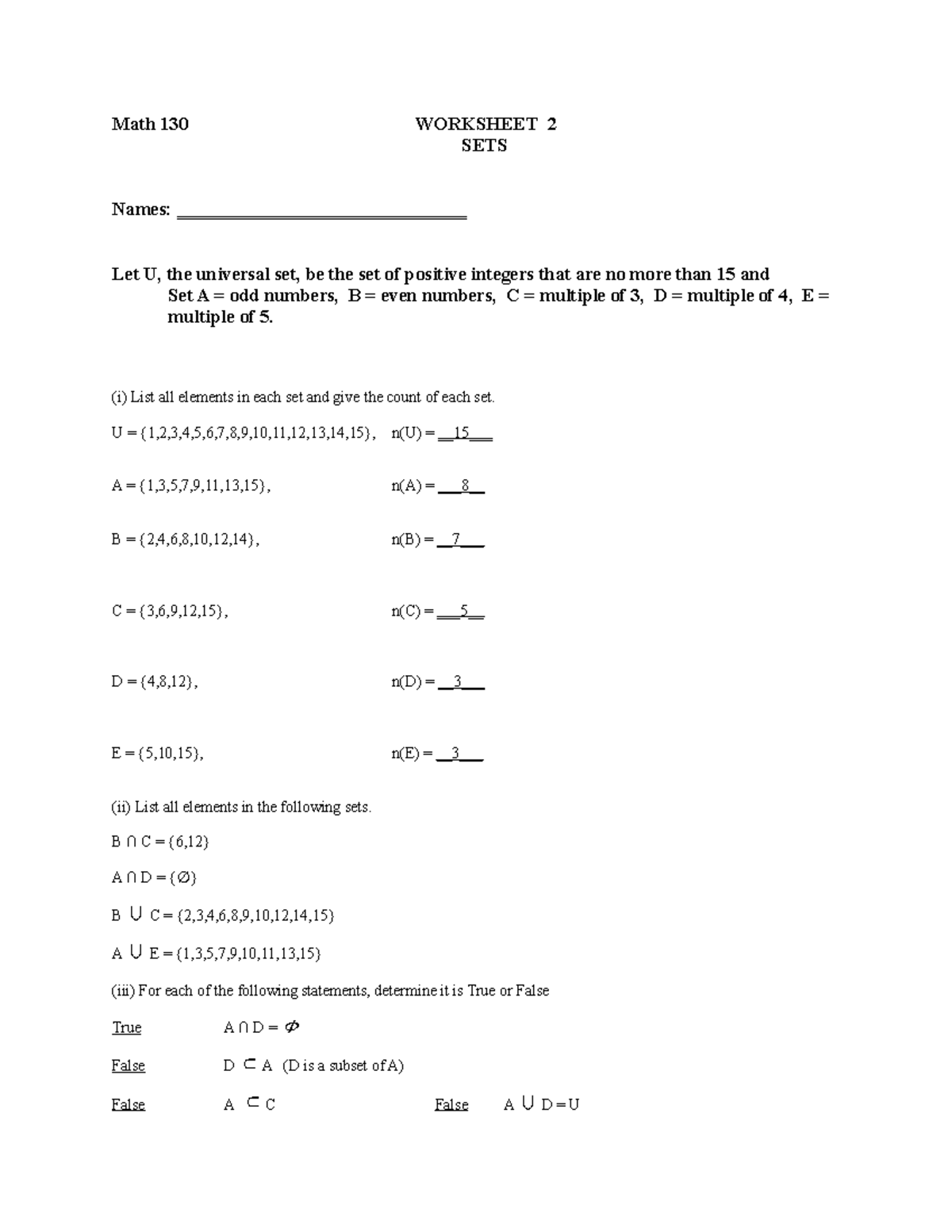 Worksheet 2-Sets - Math 130 WORKSHEET 2 SETS Names ...