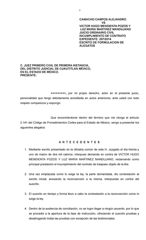 Modelo de escrito de demanda en un juicio oral civil - VS. (NOMBRE DEL ...