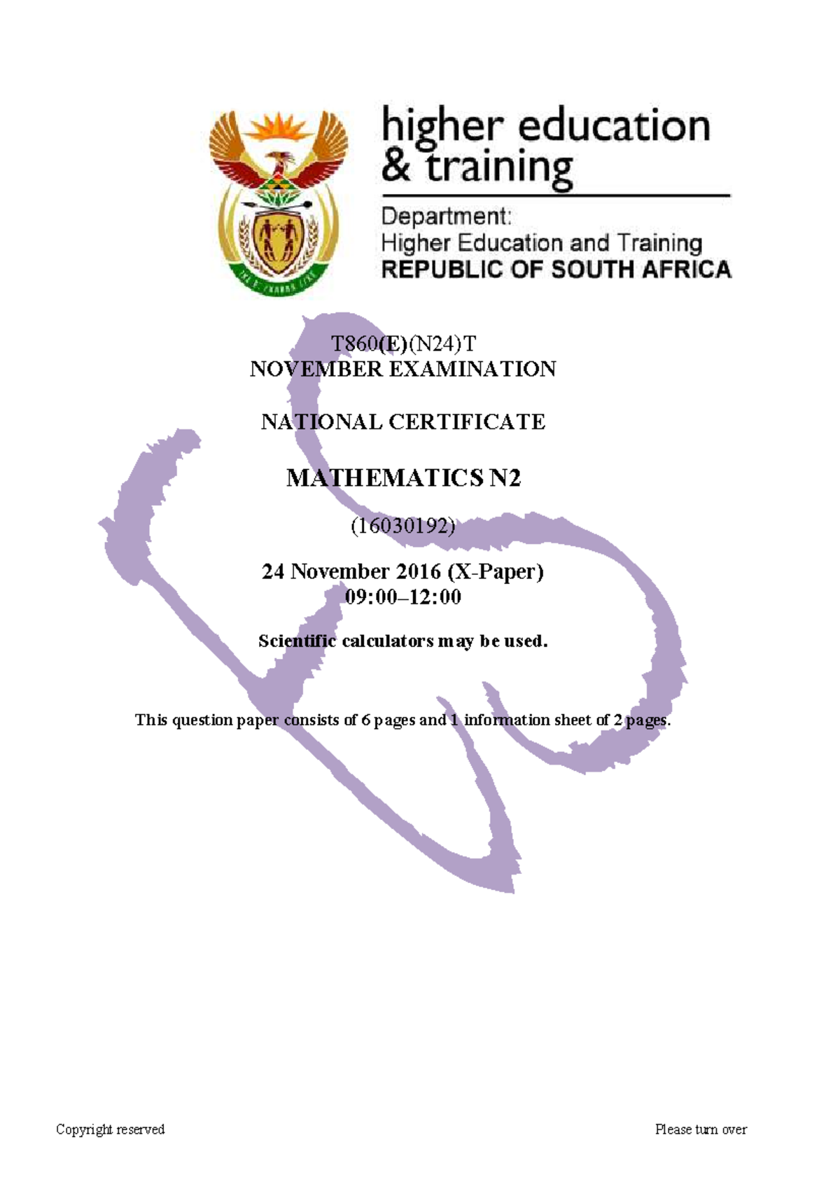 N2 Mathematics November 2016 - T 860 (E)(N 24 )T NOVEMBER EXAMINATION NATIONAL CERTIFICATE - Studocu