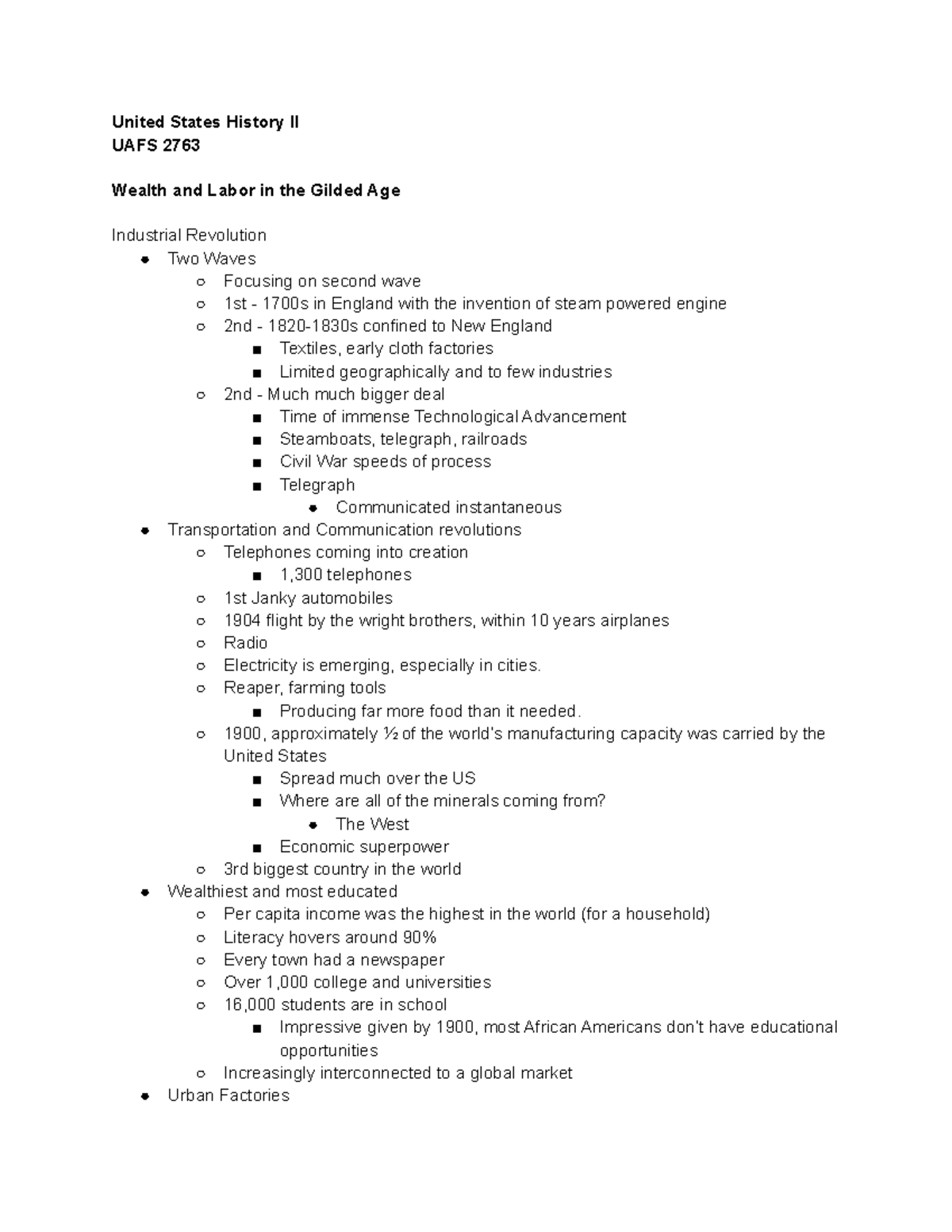 Wealth and Labor in the Gilded Age - United States History II UAFS 2763 ...