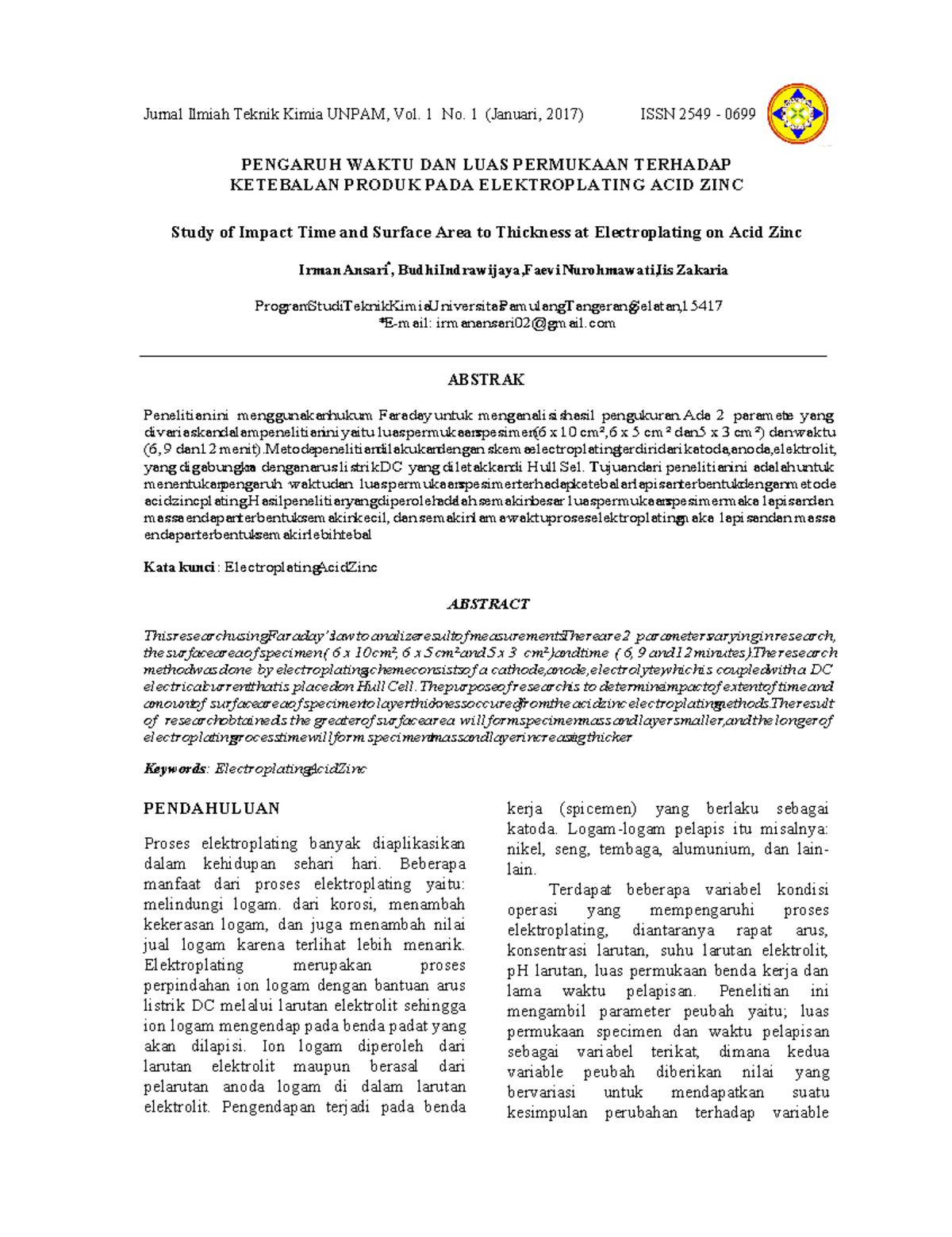 Pengaruh Waktu DAN LUAS Permukaan Terhad - Jurnal Ilmiah Teknik Kimia UNPAM, Vol. 1 No. 1 ...