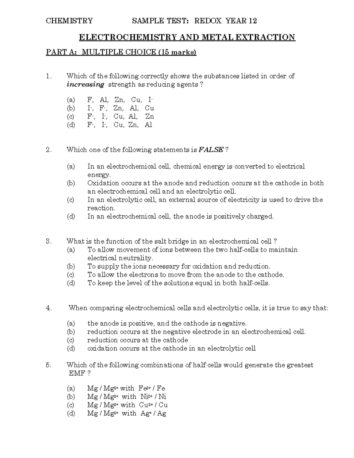 Sample Redox Test - CHEMISTRY SAMPLE TEST: REDOX YEAR 12 ...