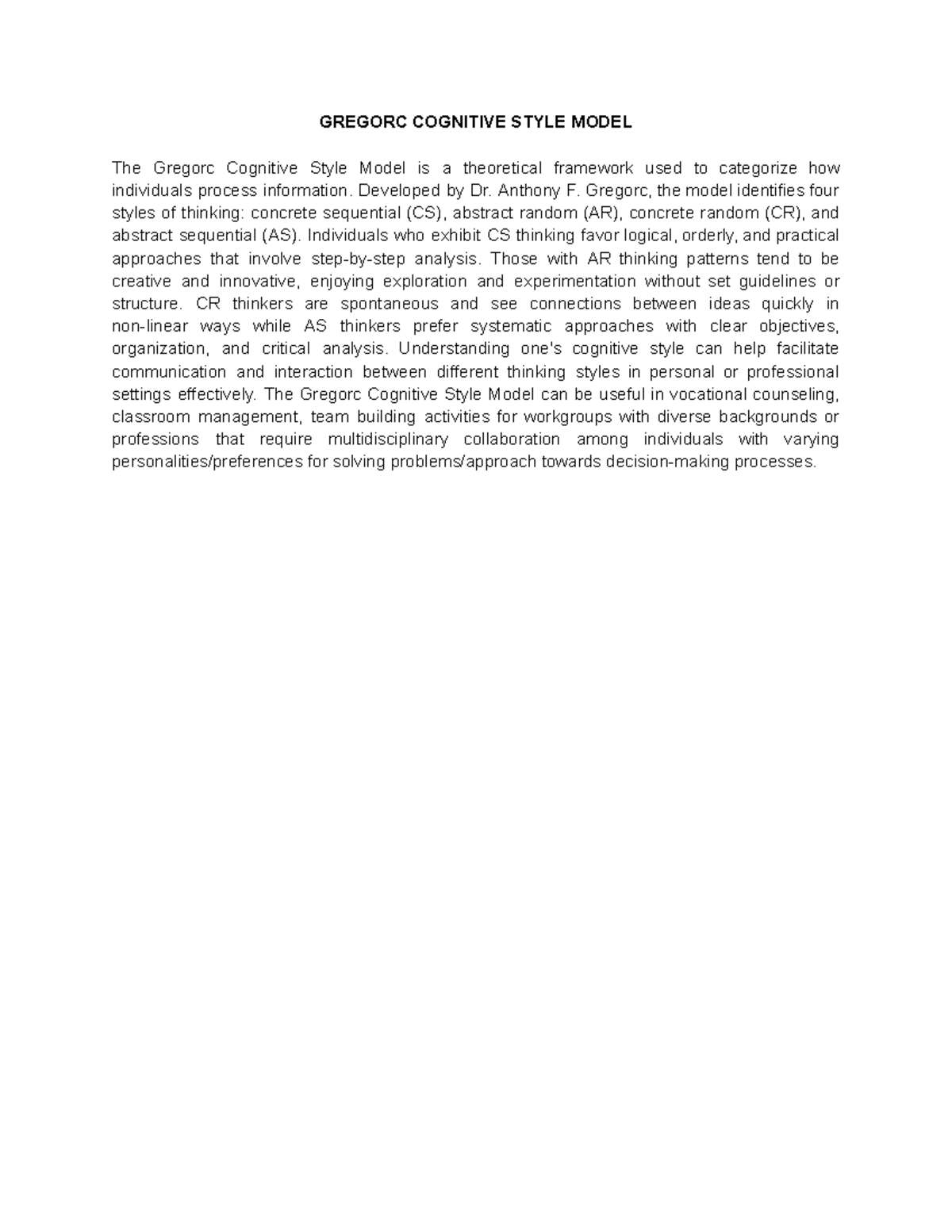 GREGORC COGNITIVE STYLE MODEL - Developed by Dr. Anthony F. Gregorc ...