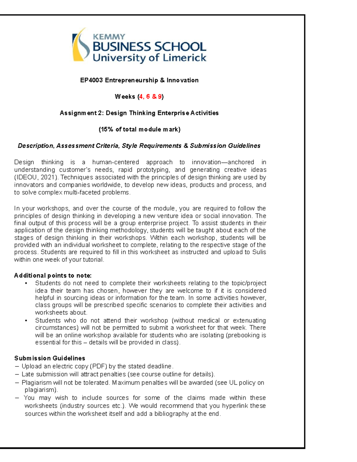 Assignment 2 Design Thinking Enterprise Activities EP4003 - Entrepreneurship and Innovation ...