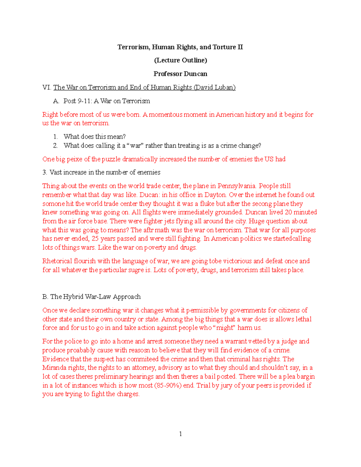 Terrorism, Human Rights, and Torture II (Lecture Outline) - Terrorism ...