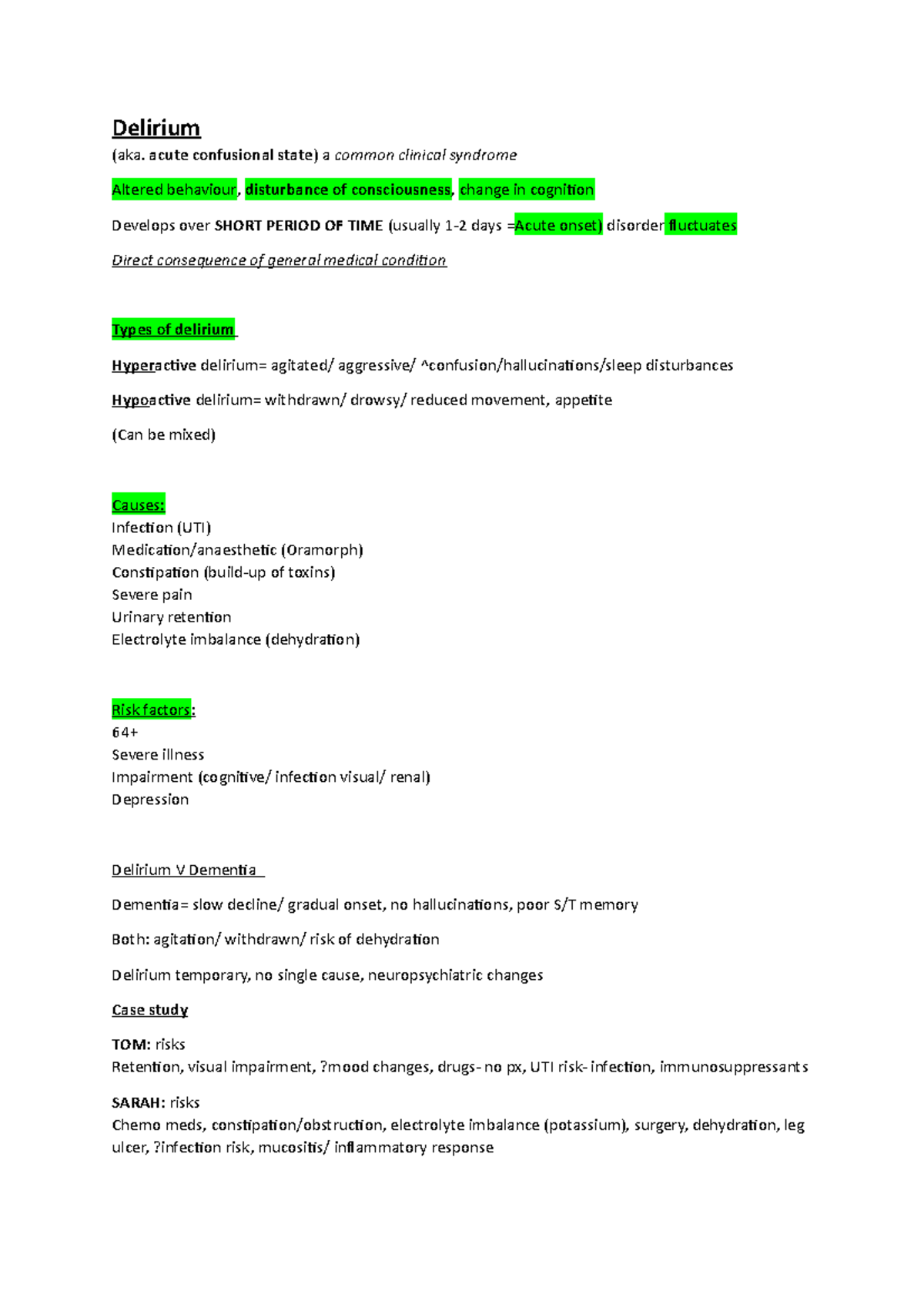 Delirium - Revision notes for 2nd year adult nursing module NUR4055 ...