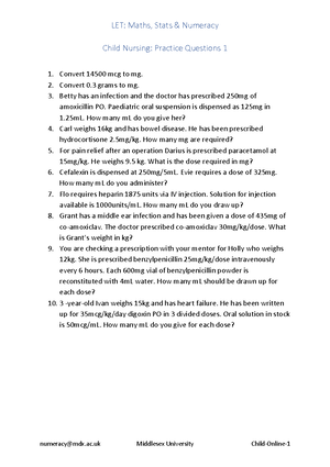 Child Nursing Drug Calculation Worksheet - LET: Maths, Stats & Numeracy ...