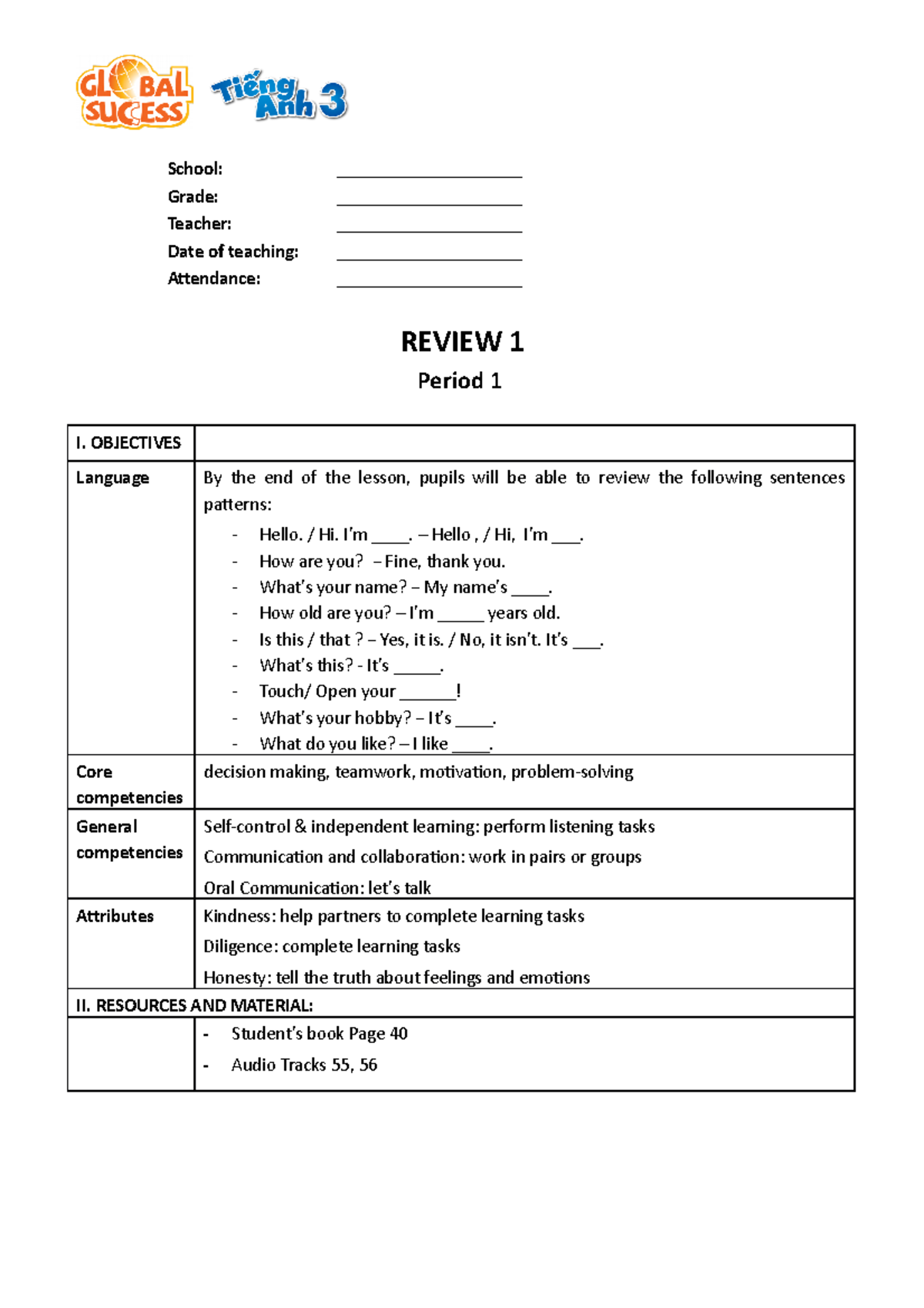 TA3 GA Review 1 (Đã sửa chữa) - School: ____________________ Grade ...