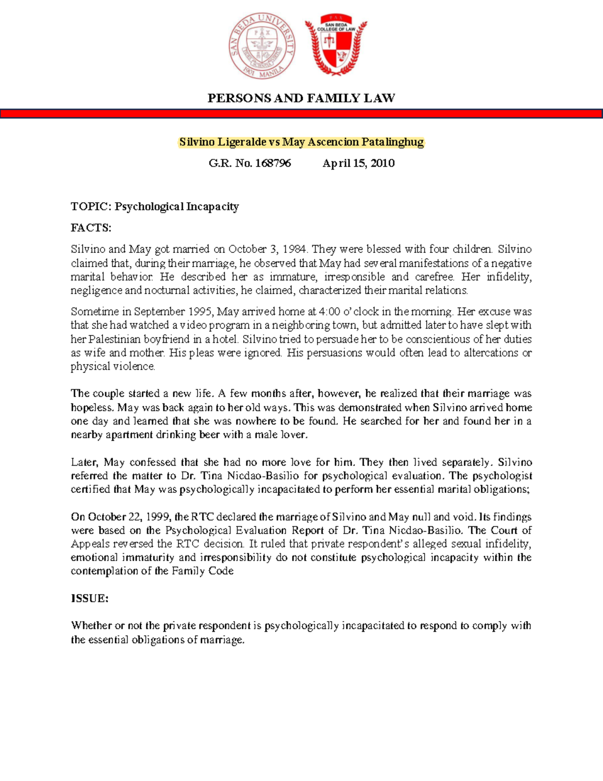 Ligeralde v Patalinghug, G.R. No. 168796 (Psychological Incapacity ...