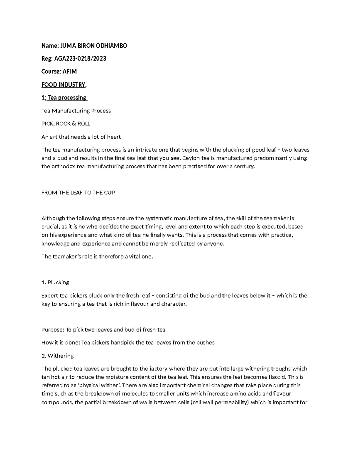 Document - Name: JUMA BIRON ODHIAMBO Reg: AGA223-0218/ Course: AFIM ...