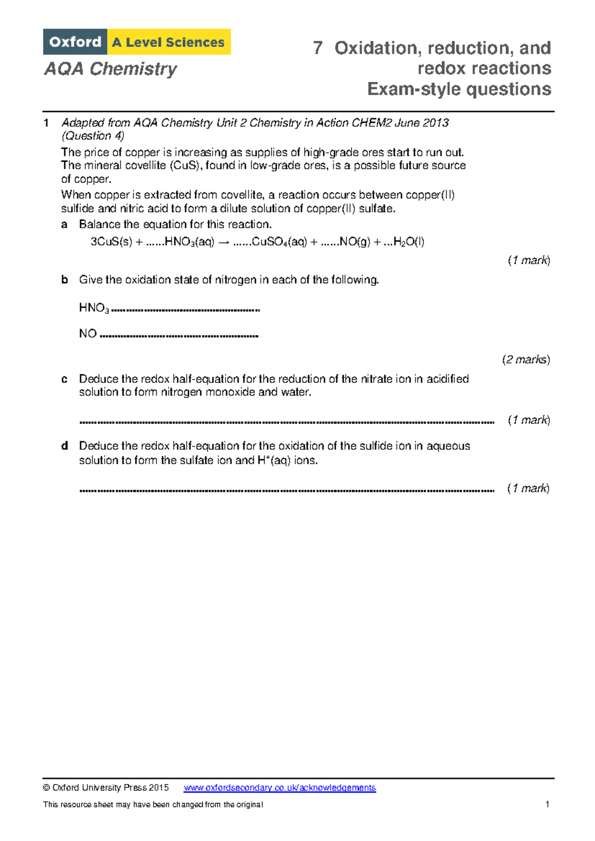 Chem test paper - redox reactions Exam-style questions AQA Chemistry 1 ...